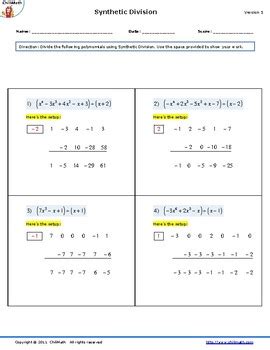Dividing Polynomials Using Synthetic Division Worksheet By Algebra Corner