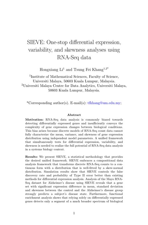 Pdf Sieve One Stop Differential Expression Variability And Skewness Analyses Using Rna Seq Data