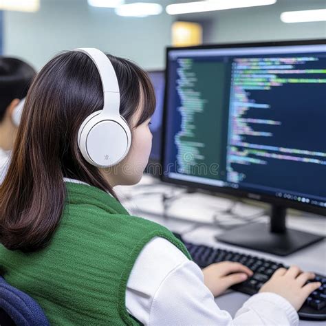 Focused Female Software Developer Coding At Computer With Headphones