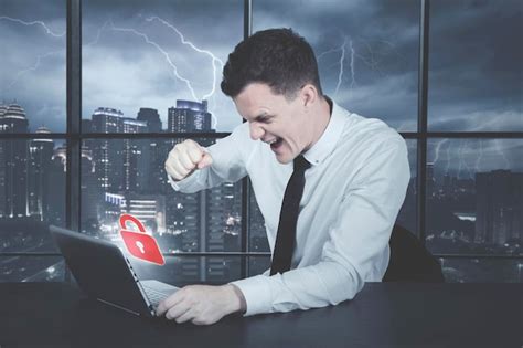Premium Photo Angry Caucasian Businessman Trying To Log Into His Computer Forgot Password