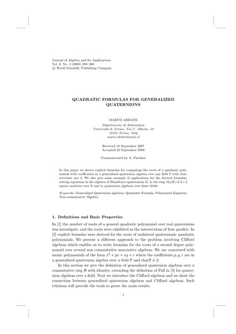 Pdf Quadratic Formulas For Generalized Quaternions