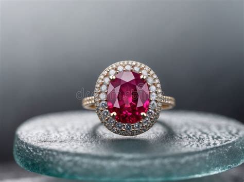 Stunning Ruby Ring With Sparkling Diamond Halo On Frosted Surface Stock Image Image Of Starlit