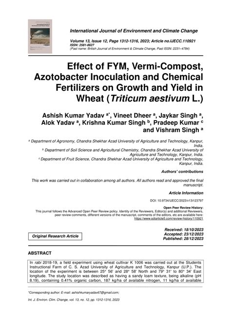 Pdf Effect Of Fym Vermi Compost Azotobacter Inoculation And