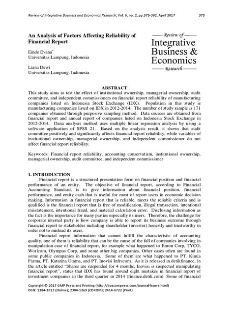 An Analysis Of Factors Affecting Reliability Of Financial Report Pdf