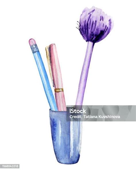 블루 펜슬 핑크 펜 보라색 펜과 푹신한 팁 수채화 손으로 그린 유리 공부에 대한 스톡 벡터 아트 및 기타 이미지 공부 수채화 탁자 Istock