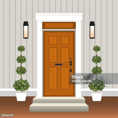 집 문 앞 창 문앞에 단계 램프 항목 외관 평면 스타일에서 외부 입구 디자인 일러스트 벡터 구축 냄비에 꽃 만화에 대한 스톡 벡터 아트 및 기타 이미지 Istock