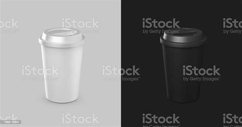 플라스틱 뚜껑이 달린 일회용 종이 컵의 흑백 모형 고품질 3d 렌더링 비어 있고 격리되었습니다 폴리스티렌 커피 컵은 다양한 전망