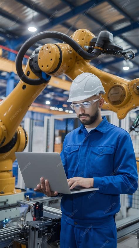 At The Factory Automation Engineer Uses Laptop For Programming Robotic