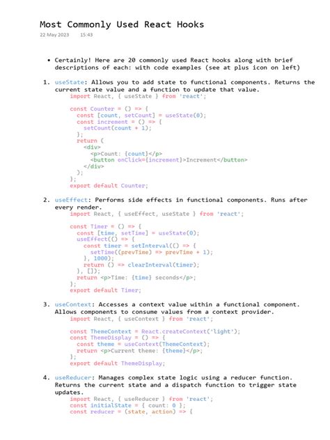 Most Commonly Used React Hooks Pdf Computing Software Engineering