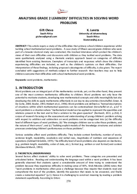 pdf analysing grade 2 learners difficulties in solving word problems