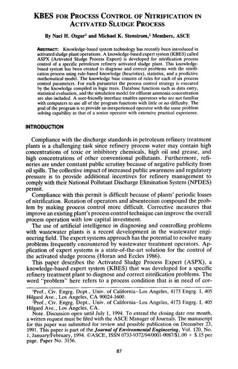 Pdf Kbes For Process Control Of Nitrification In Activated Sludge Process