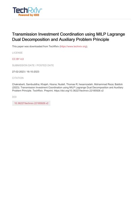 Pdf Transmission Investment Coordination Using Milp Lagrange Dual Decomposition And Auxiliary