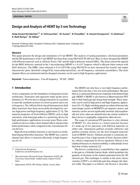 Design And Analysis Of Hemt By 5 Nm Technology Request Pdf