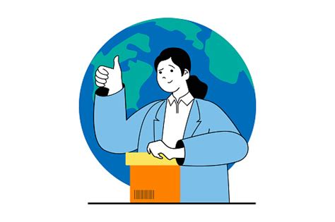 플랫 웹 디자인에서 사람들 장면이 있는 전 세계 배달 개념입니다 특급 배송 서비스 및 국제 물류를 사용하는 여성 소셜 미디어 배너 마케팅 자료에 대한 벡터 그림입니다 개념에