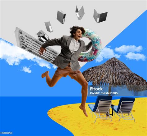 마감일을 끝내고 해변으로 뛰어듭니다 웃고 행복한 사업가 여름 휴가를 가는 회사원 현대 미술 콜라주 직업에 대한 스톡 사진 및 기타 이미지 Istock