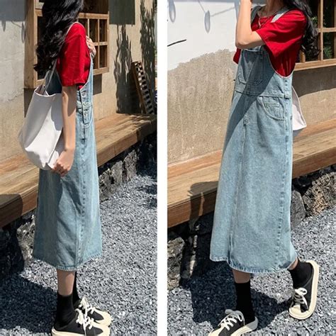 노브랜드 데님 멜빵 롱 원피스 캐주얼 서스펜더 스커트 위시버킷