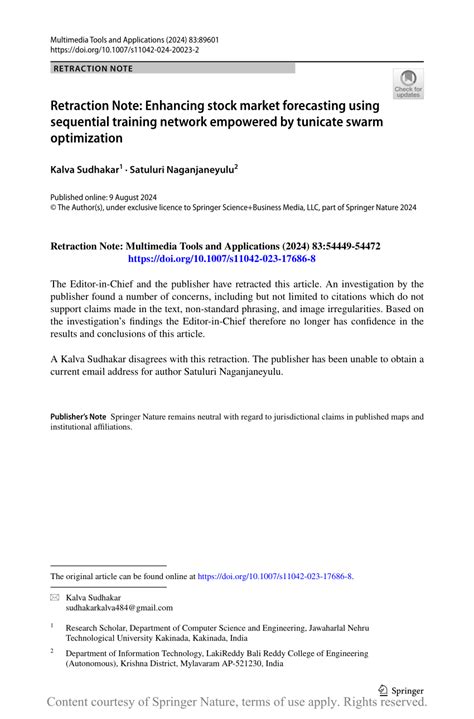 Retraction Note Enhancing Stock Market Forecasting Using Sequential