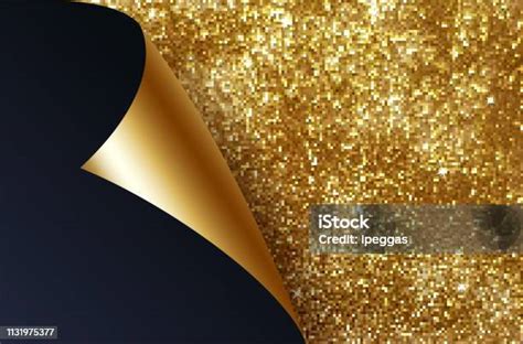 곡선 가장자리가 있는 벡터 골드 반짝이 배경은 종이 작은 황금 사각형 픽셀 스타일을 래핑합니다 0명에 대한 스톡 벡터 아트 및