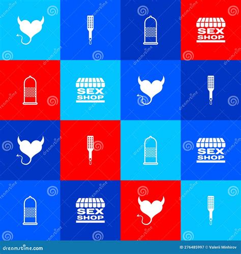 Set Devil Heart With Horns Spanking Paddle Condom Safe Sex And Sex Shop Building Icon Vector