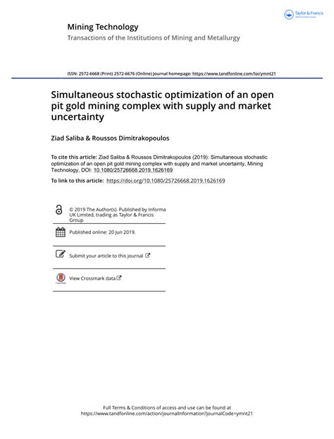 Pdf Simultaneous Stochastic Optimization Of An Open Pit Gold Mining Complex With Supply And