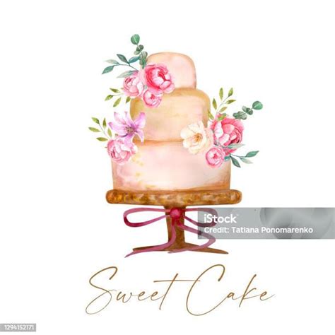 수채화 일러스트레이션 분홍색 모란 꽃과 녹색 나뭇 가지와 가벼운 케이크의 그리기 수채화 달콤한 디저트 0명에 대한 스톡 벡터 아트 및 기타 이미지 Istock