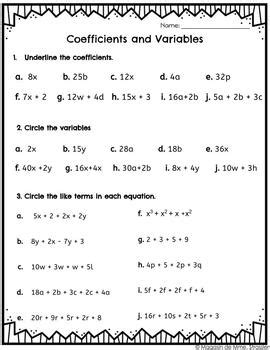 Constants Variables Coefficients Printable Math Worksheets Tpt