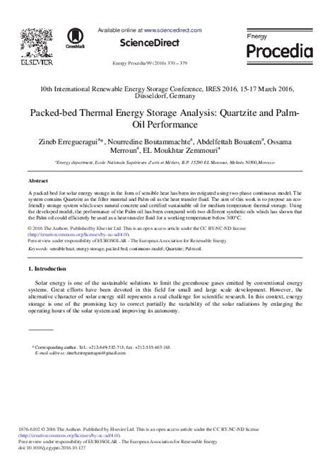 Pdf Packed Bed Thermal Energy Storage Analysis Quartzite And Palm