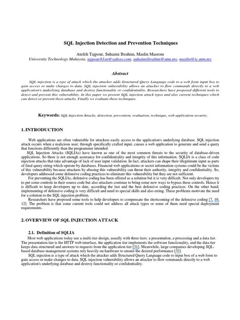 Sql Injection Detection And Prevention Techniques University