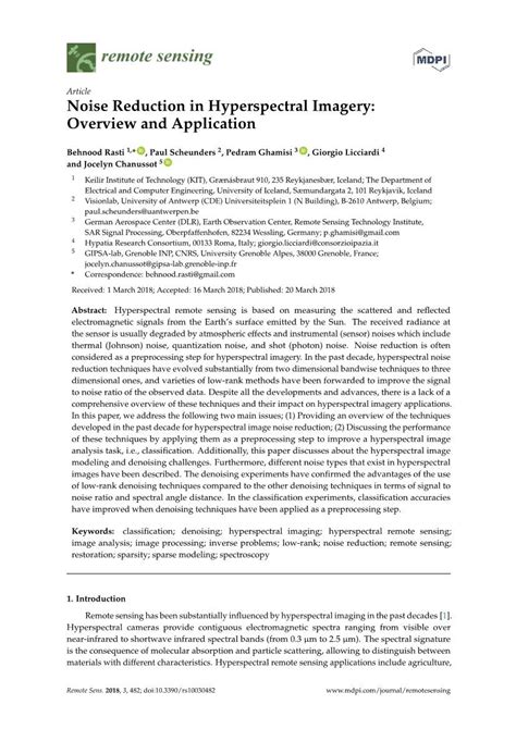 Noise Reduction In Hyperspectral Imagery Overview And Application