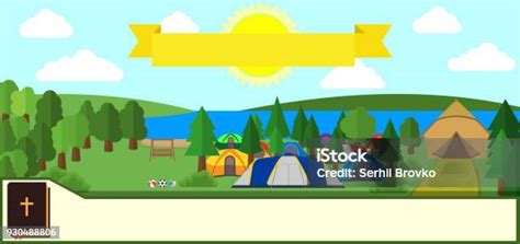 관광 텐트와 녹색 풀밭 흐린 하늘에 여름 캠핑입니다 자연 풍경입니다 야외 활동입니다 벡터 일러스트입니다 캠핑에 대한 스톡 벡터 아트 및 기타 이미지 Istock