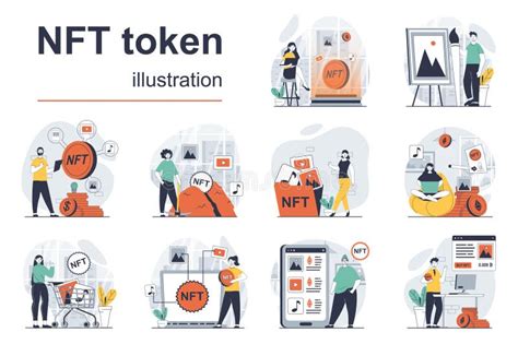 Nft Token Concept With Character Situations Mega Set Vector Illustrations Stock Illustration