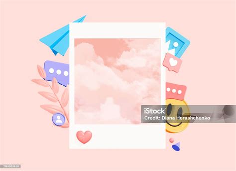 네트워크의 3d 소셜 미디어 게시물 구름 메시지 및 이모티콘 요소가 있는 사진 프레임 테두리 좋아요 버튼을 클릭합니다 내용을 따릅니다 분홍색 배경입니다 만화 크리 에이 티브