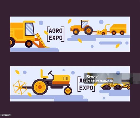 배너 벡터 일러스트의 농업 박람회 세트입니다 수확 기계 농업 장비 산업 농장 차량 트랙터 운송 결합 및 기계 굴삭기 가을에 대한