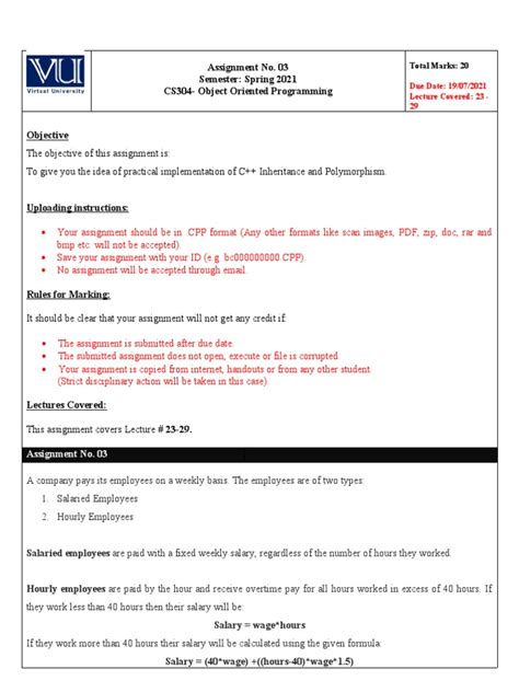 Assignment No 03 Semester Spring 2021 Cs304 Object Oriented Programming Pdf Salary C