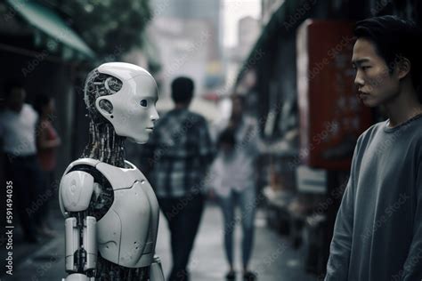 A Robot Talks To A Pedestrian In A Narrow Side Street Life With Robots