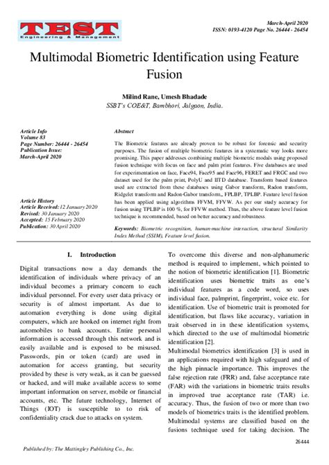 Pdf Multimodal Biometric Identification Using Feature Fusion