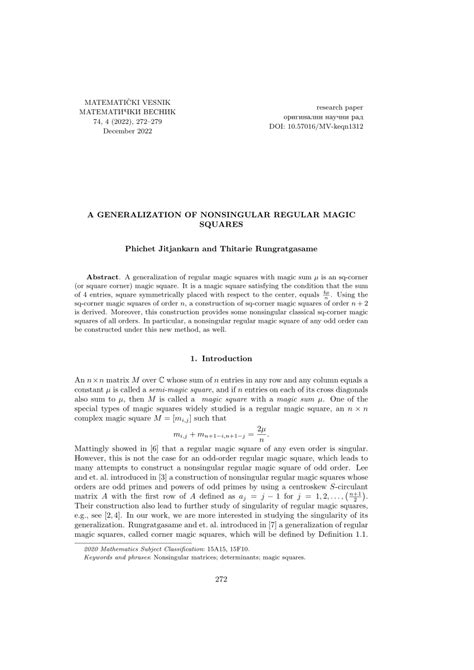 Pdf A Generalization Of Nonsingular Regular Magic Squares