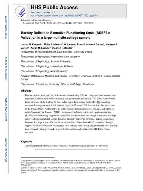 Barkley Deficits In Executive Functioning Scale Bdefs Validation In A Large Multisite College