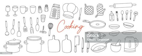 주방 용품 개요 스케치 세트입니다 주방용품과 식기류 세라믹 접시 머그잔 컵 와인 잔 프라이팬 체 소쿠리 박격포 롤링 핀 강판에 대한 스톡 벡터 아트 및 기타 이미지 Istock
