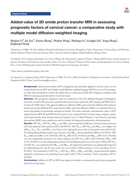 Pdf Added Value Of 3d Amide Proton Transfer Mri In Assessing Prognostic Factors Of Cervical