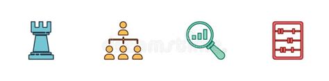 Set Chess Hierarchy Organogram Chart Magnifying Glass And Analysis And Abacus Icon Vector