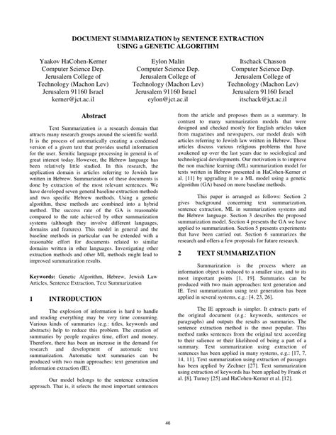 Pdf Document Summarization By Sentence Extraction Using A Genetic Algorithm