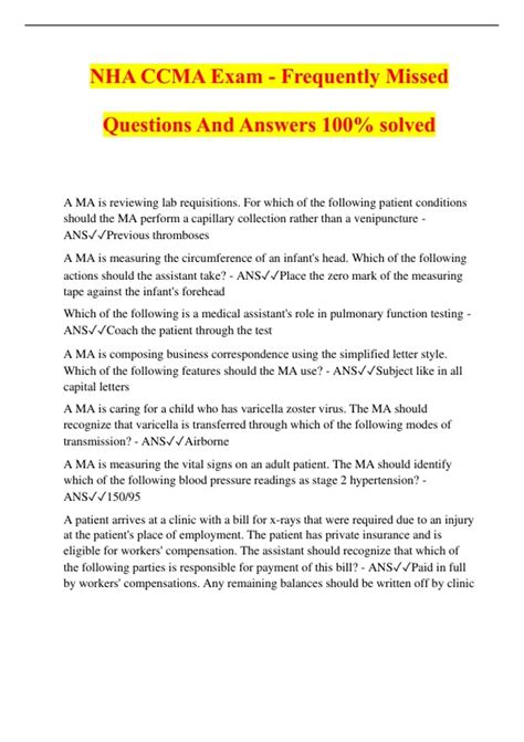 Nha Ccma Exam Frequently Missed Questions And Answers 100 Solved Nha Ccma Stuvia Us