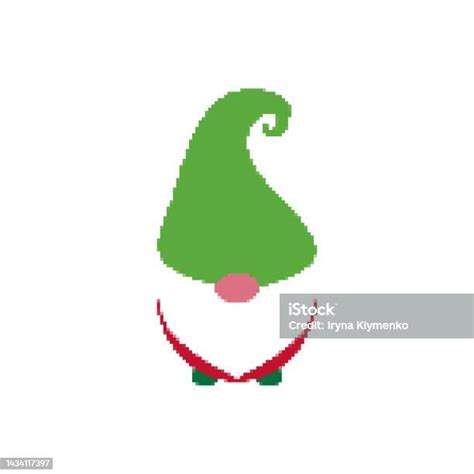 픽셀 아트 스타일의 그놈 아이콘입니다 흰색 배경에 고립 된 크리스마스 그놈 8 비트 산타의 도우미 배너 포스터 인사말 카드 파티 초대장을위한 복고풍 템플릿 벡터 일러스트