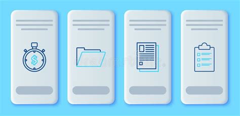Set Line Document Folder File Document Time Is Money And Clipboard With Checklist Icon Vector
