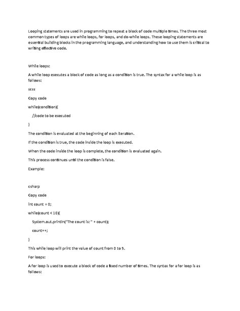 Looping Statements Are Used In Programming To Repeat A Block Of Code Multiple Times The Three