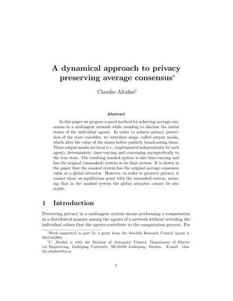 Pdf A Dynamical Approach To Privacy Preserving Average Consensus