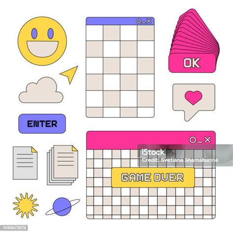 오래된 Pc 사용자 인터페이스 플랫 선형 Ui 및 Ux 요소의 재미있는 세트 게임 오버 버튼 모달 창 Os 메시지 알림 위젯