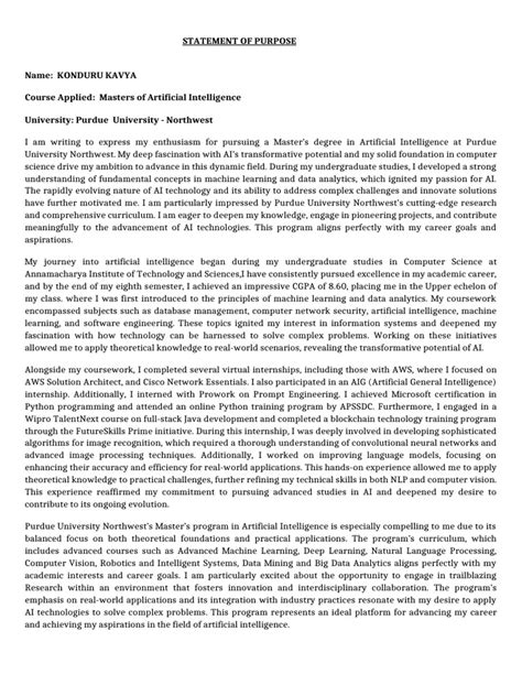 Konduru Kavya Purdue University Sop Pdf Artificial Intelligence