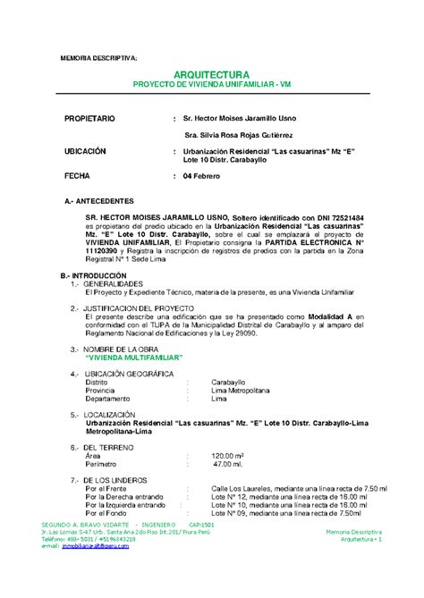 Memoria Descriptiva Arquitectura Segundo A Bravo Vidarte Ingeniero